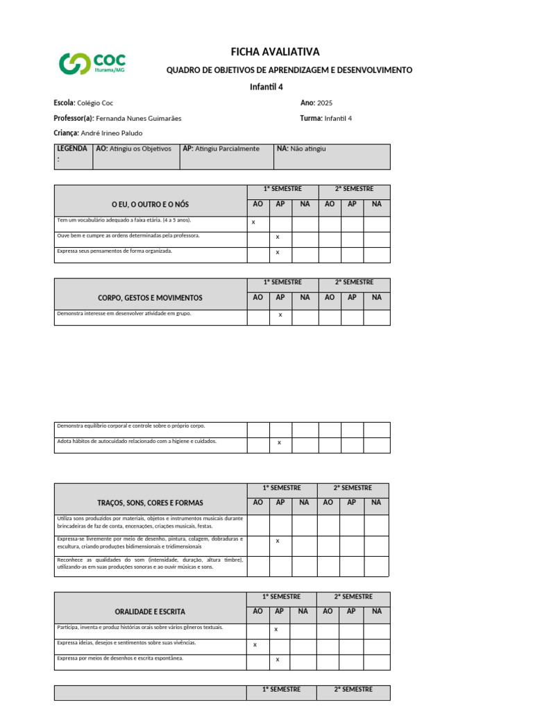Ficha Avaliativa Fernanda 2025 | PDF | Som | Desenho
