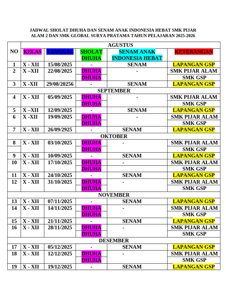 Jadwal Sholat Dhuha Dan Senam Anak Indonesia Hebat | PDF