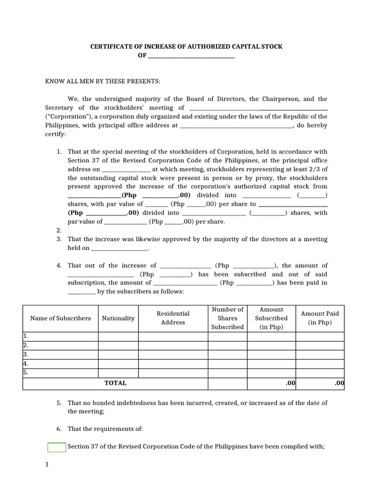 Certificate for Capital Stock Increase | PDF