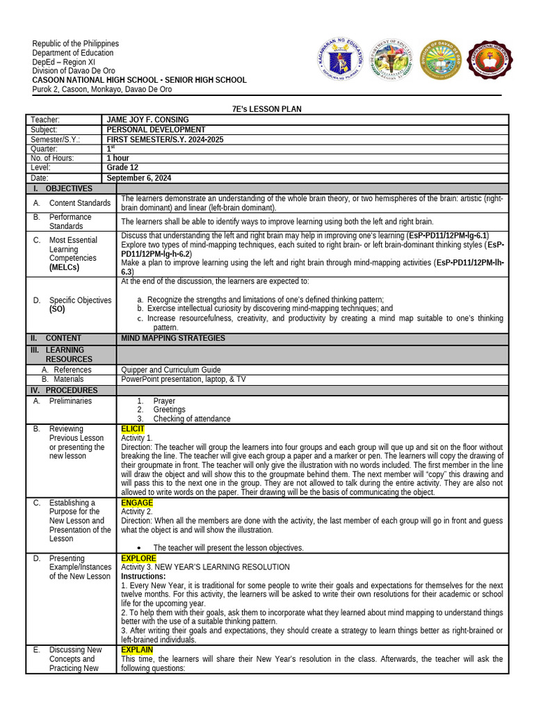 Lesson Plan Week 6 Day 4 - Perdev 12 | PDF | Learning | Mind
