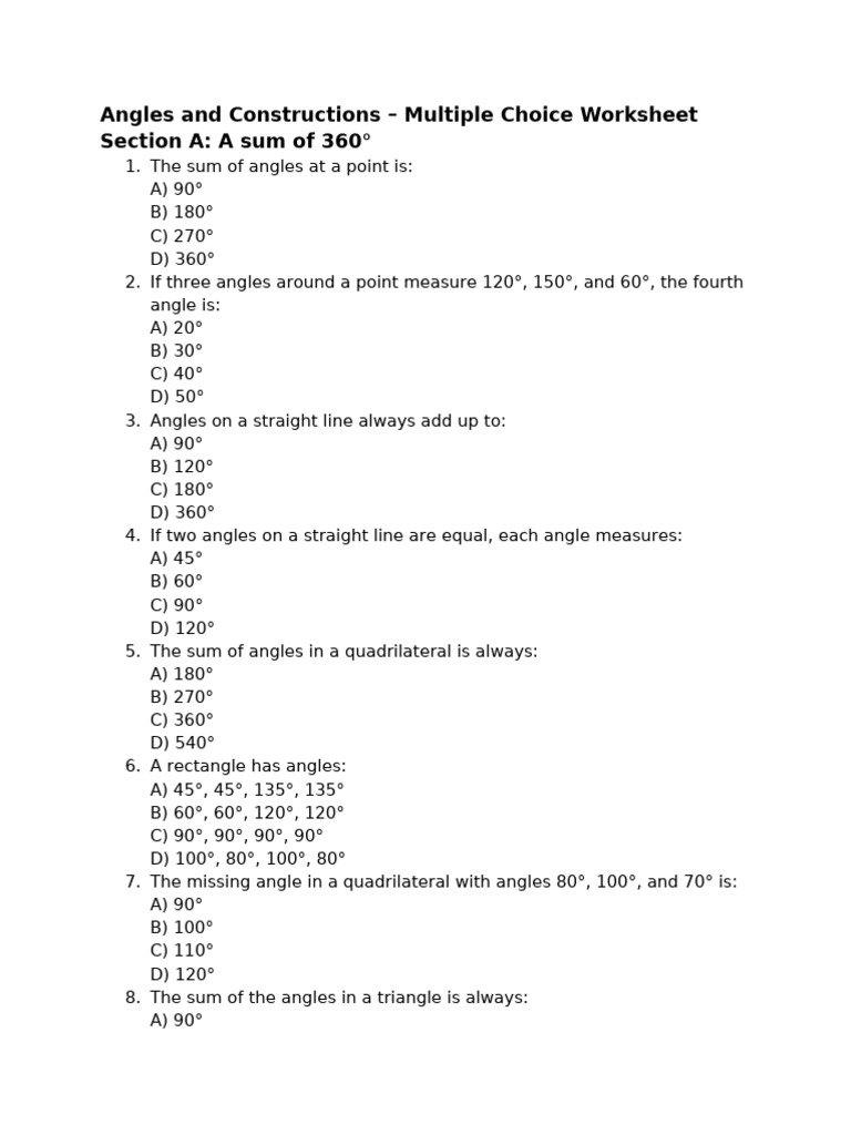 Angles and Constructions Quiz Worksheet | PDF | Rectangle | Geometry