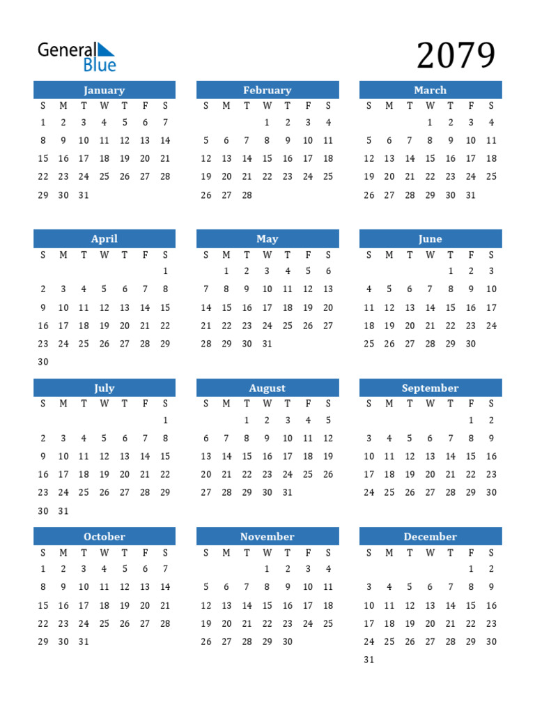 2079 Calendar Portrait Sunday Start | PDF