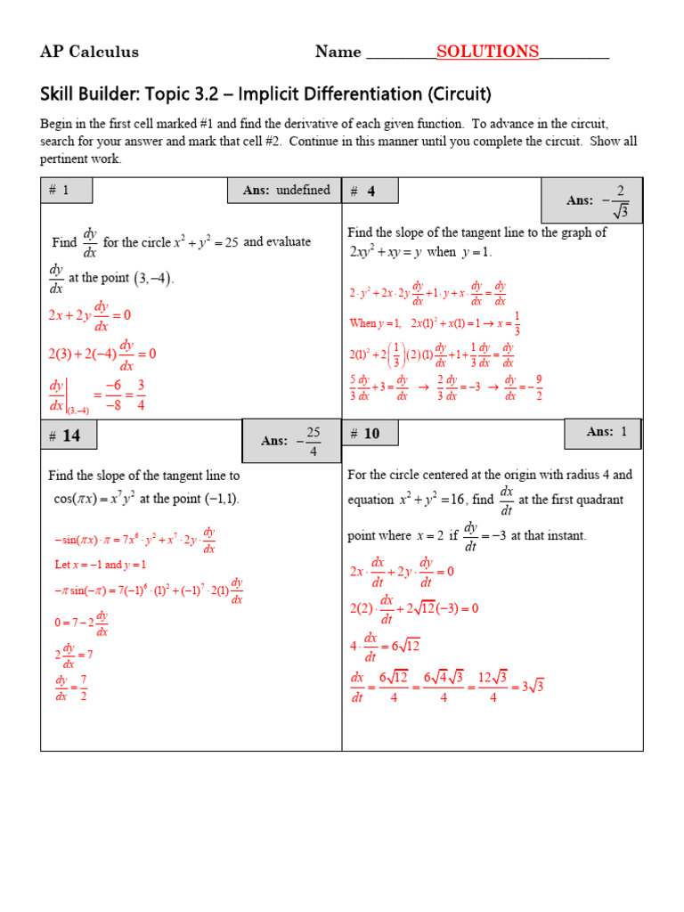 Topic 3.2 - Implicit Differentiation (Circuit) - SOLUTIONS | PDF ...
