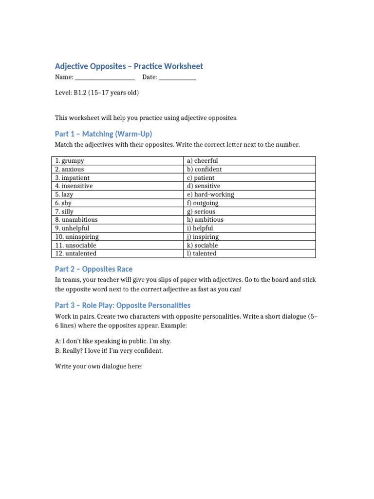 Adjective Opposites Worksheet | PDF