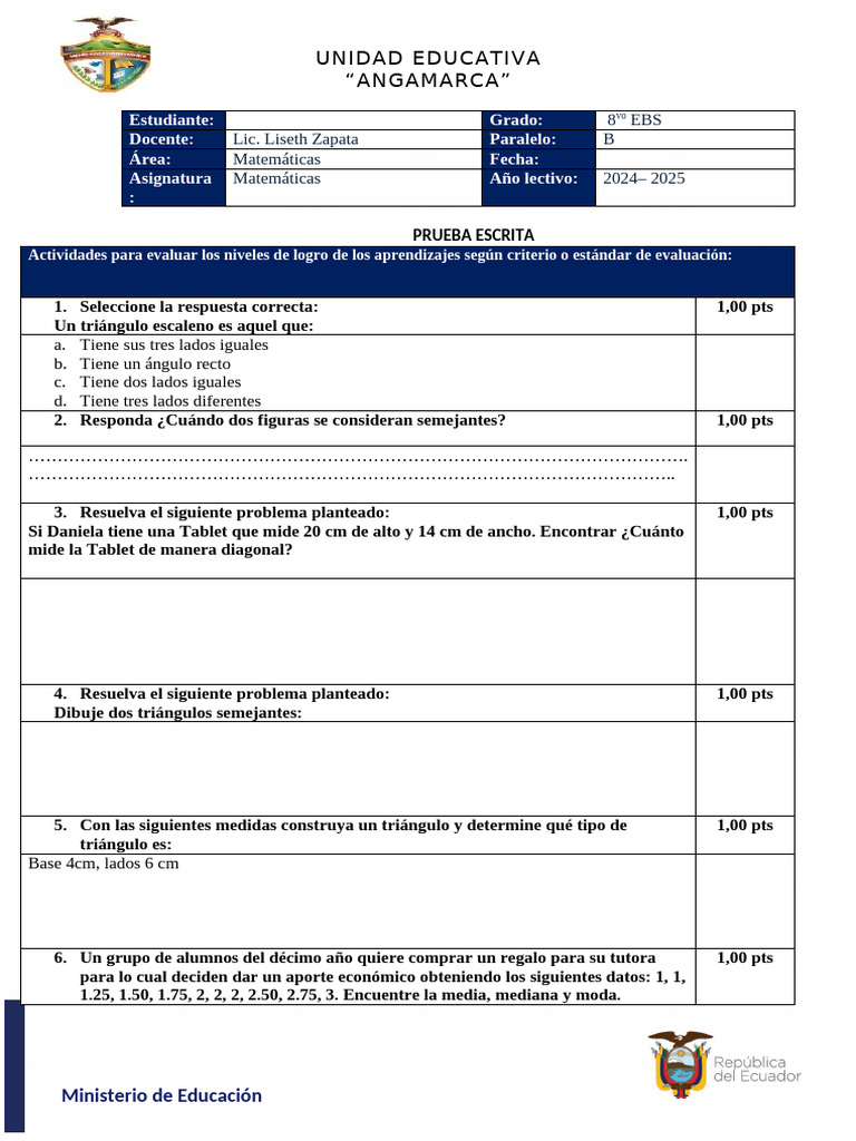 Prueba de Matemáticas 8vo EBS 2024-2025 | PDF