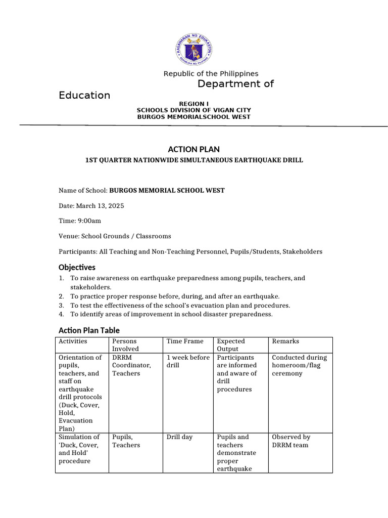 DRRM Action Plan 1st Quarter | PDF | Emergency Management | Teachers