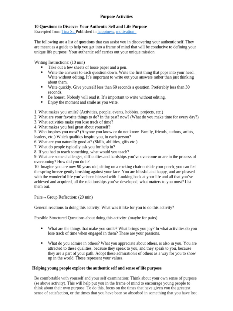 10 Questions To Discover Your Authentic Self and Life Purpose | PDF