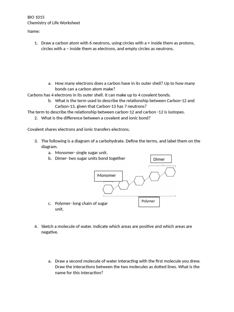Chemistry of Life Worksheet | PDF | Chemical Bond | Molecules
