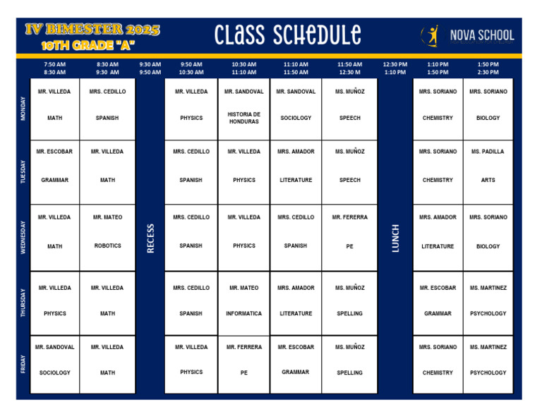 10th Grade A Class Schedule 2025 | PDF