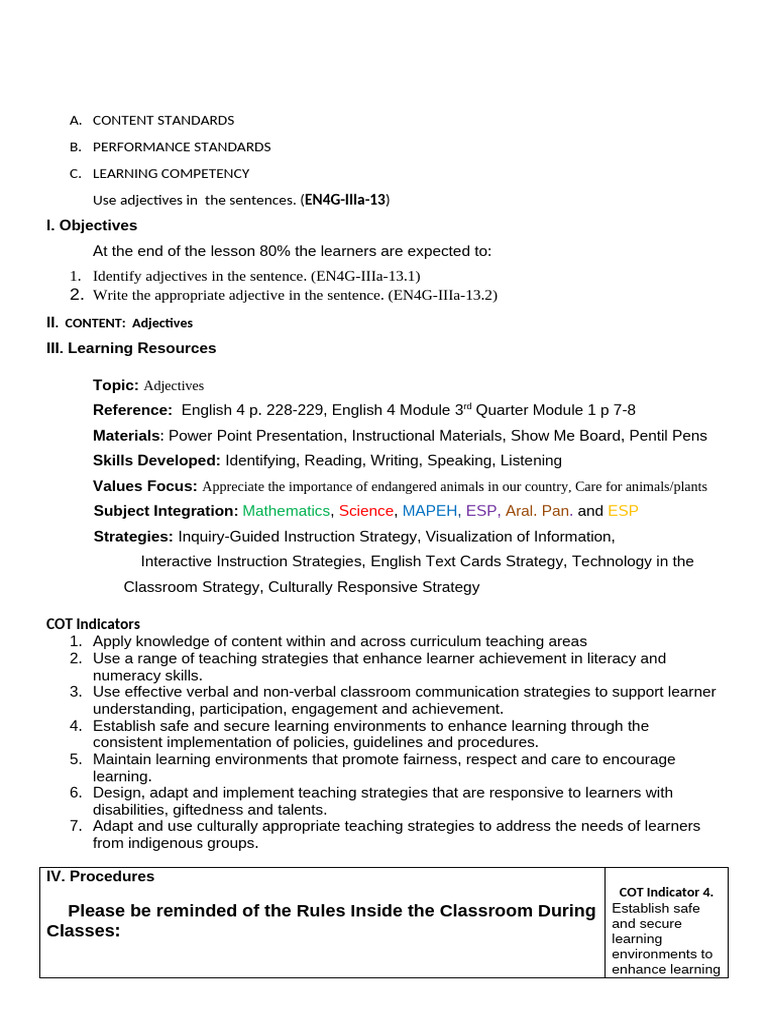 Annotated Lesson Plan on Adjectives | PDF | Learning | Curriculum