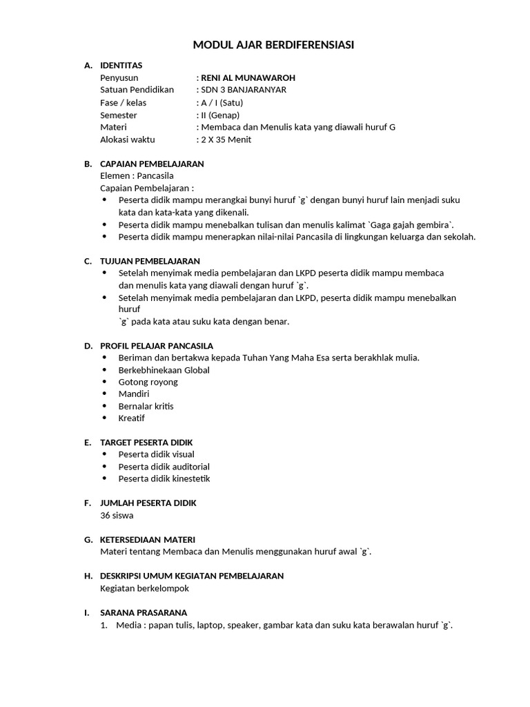 Modul Ajar Membaca Huruf G SD | PDF