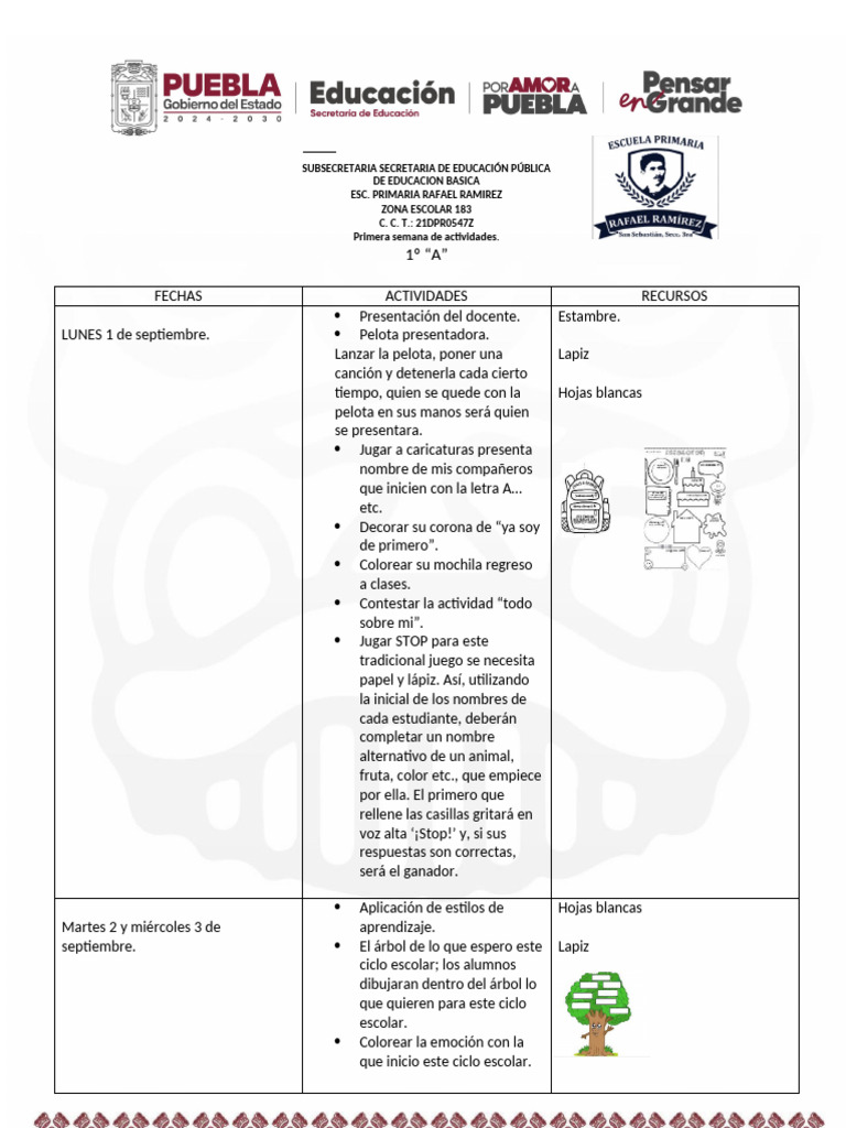 Actividades de la Primera Semana Escolar | PDF | Aprendizaje