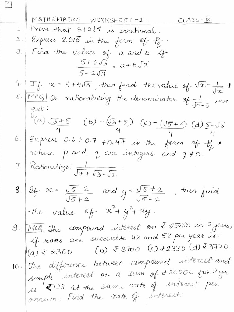 Class 9 Worksheet1 | PDF