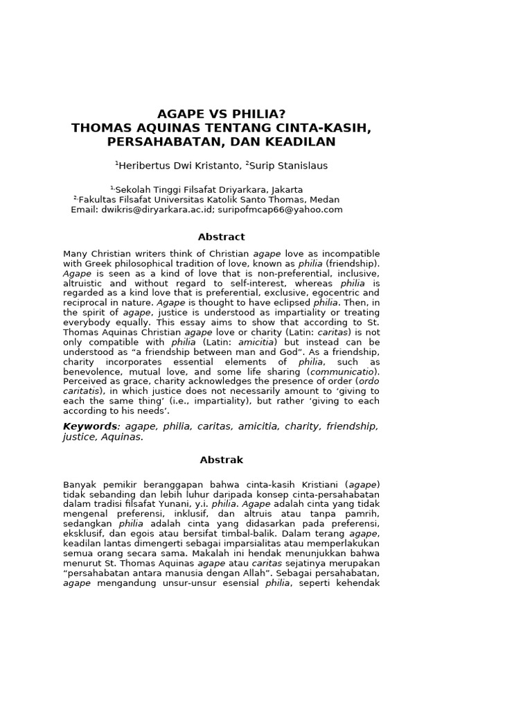 Agape VS Philia? Thomas Aquinas Tentang Cintakasih, Persahabatan Dan Keadilan | PDF
