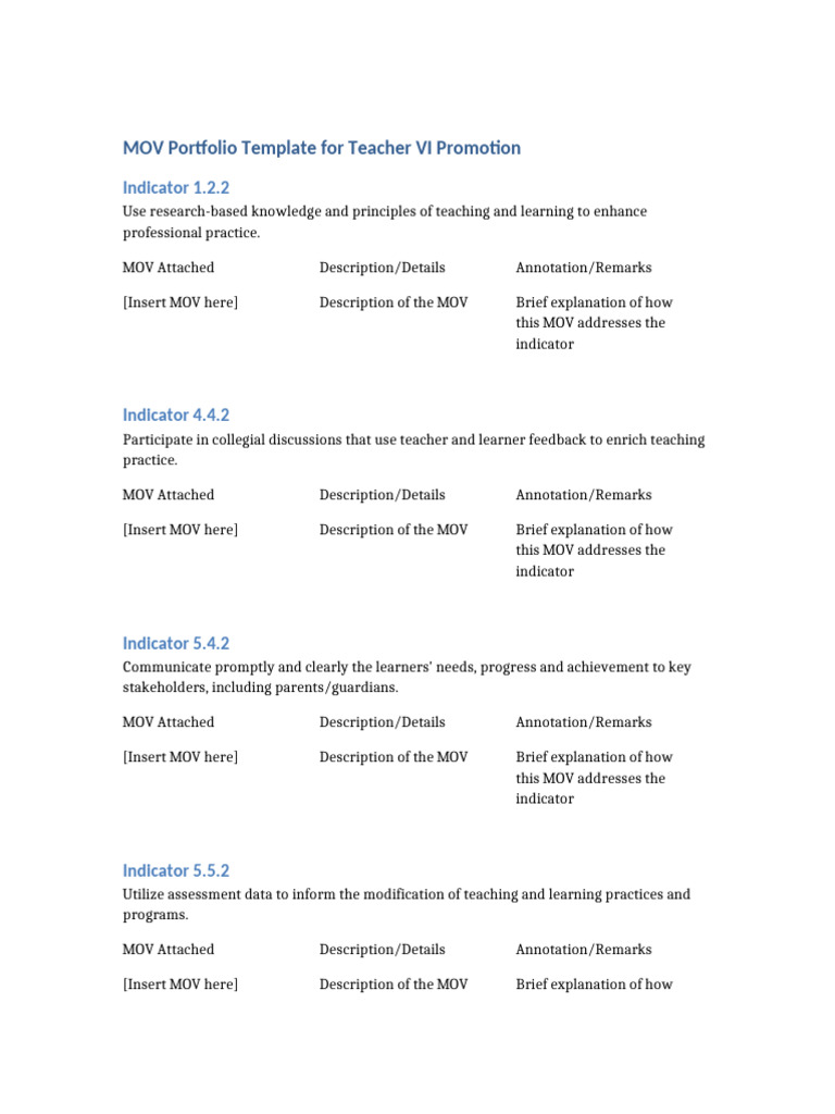 MOV Portfolio Template Teacher VI | PDF