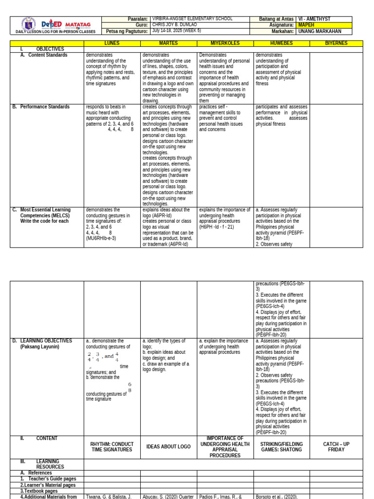 g6 q1w5 Dll Mapeh (Melcs) | PDF | Logos | Conducting
