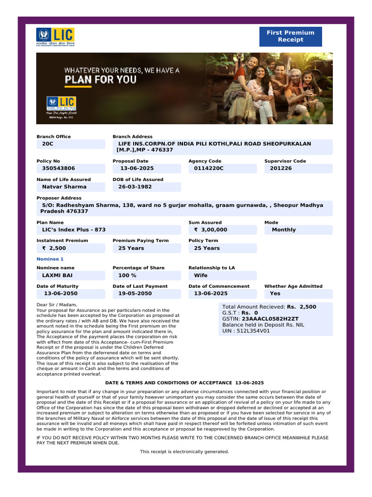 Lic First Premium Receipt | PDF | Business | Money