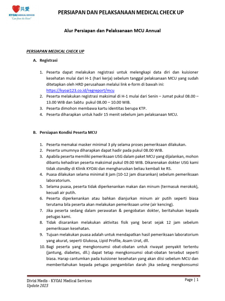 Update Alur Persiapan Dan Pelaksanaan MCU Annual KYOAI Medical Services | PDF