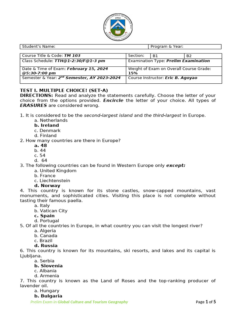 Prelim Exam: Global Culture Geography | PDF | Europe