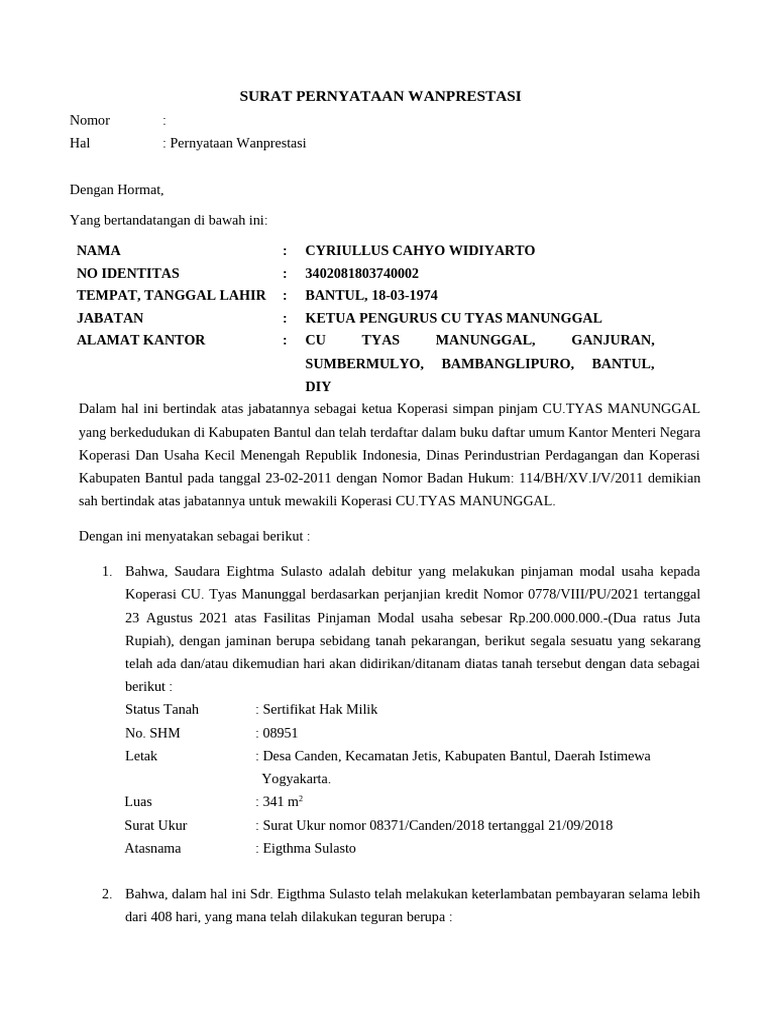 Surat Pernyataan Wanprestasi New | PDF