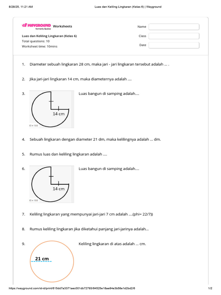Worksheet Luas dan Keliling Lingkaran Kelas 6 | PDF