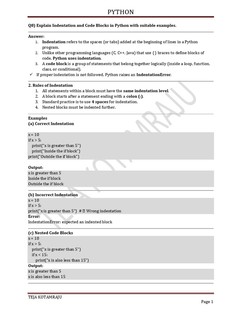 Q7) Explain Indentation and Code Blocks in Python With Suitable Examples. | PDF