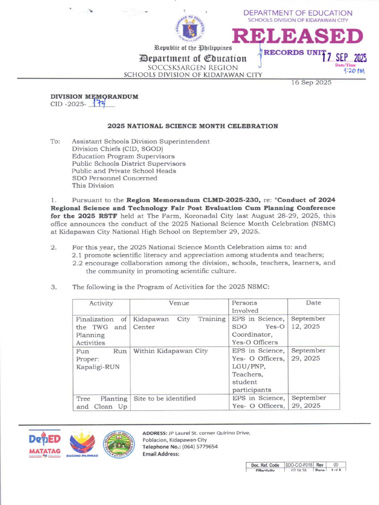 DM CID 2025 174 2025 National Science Month Celebration | PDF