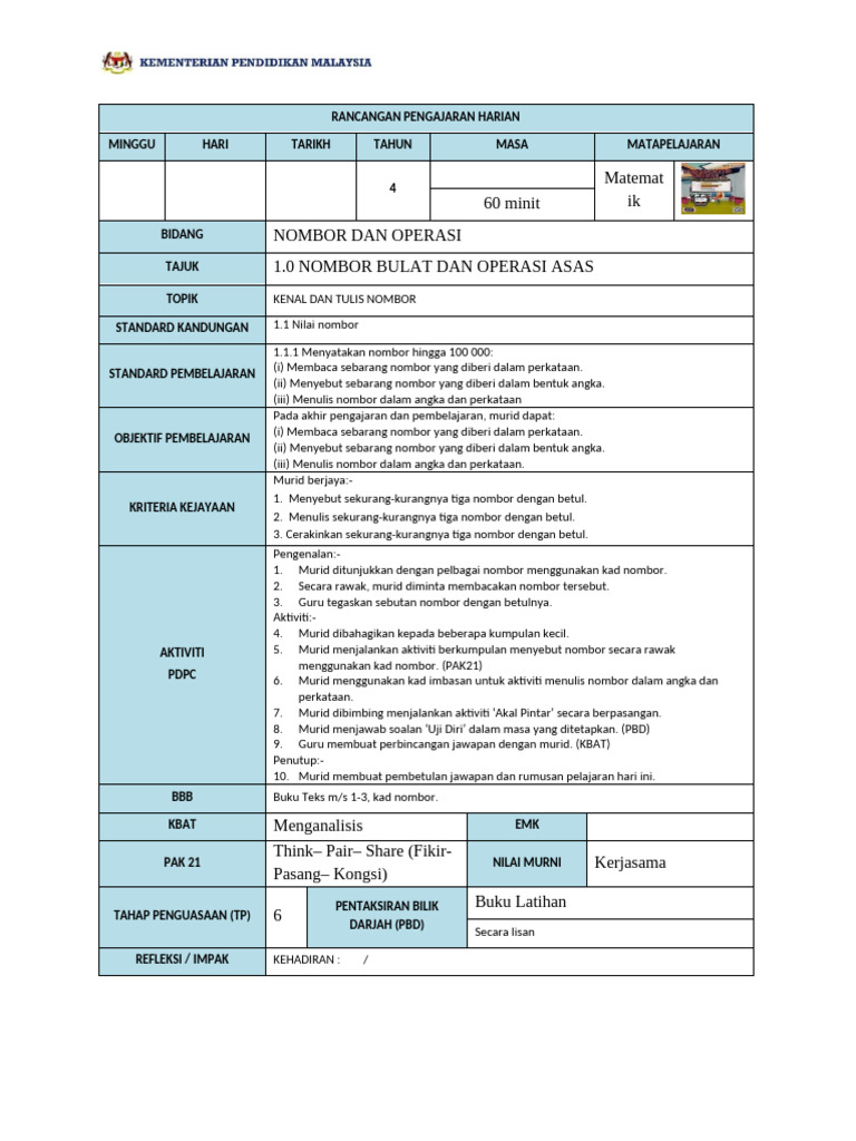 RPH MT Tahun 4 Tajuk 1 | PDF