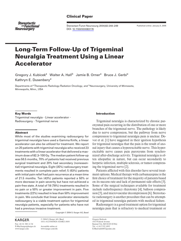 2004 - Long Term Follow Up of TN Treatment Using Linear Accelerator | PDF | Radiation Therapy ...