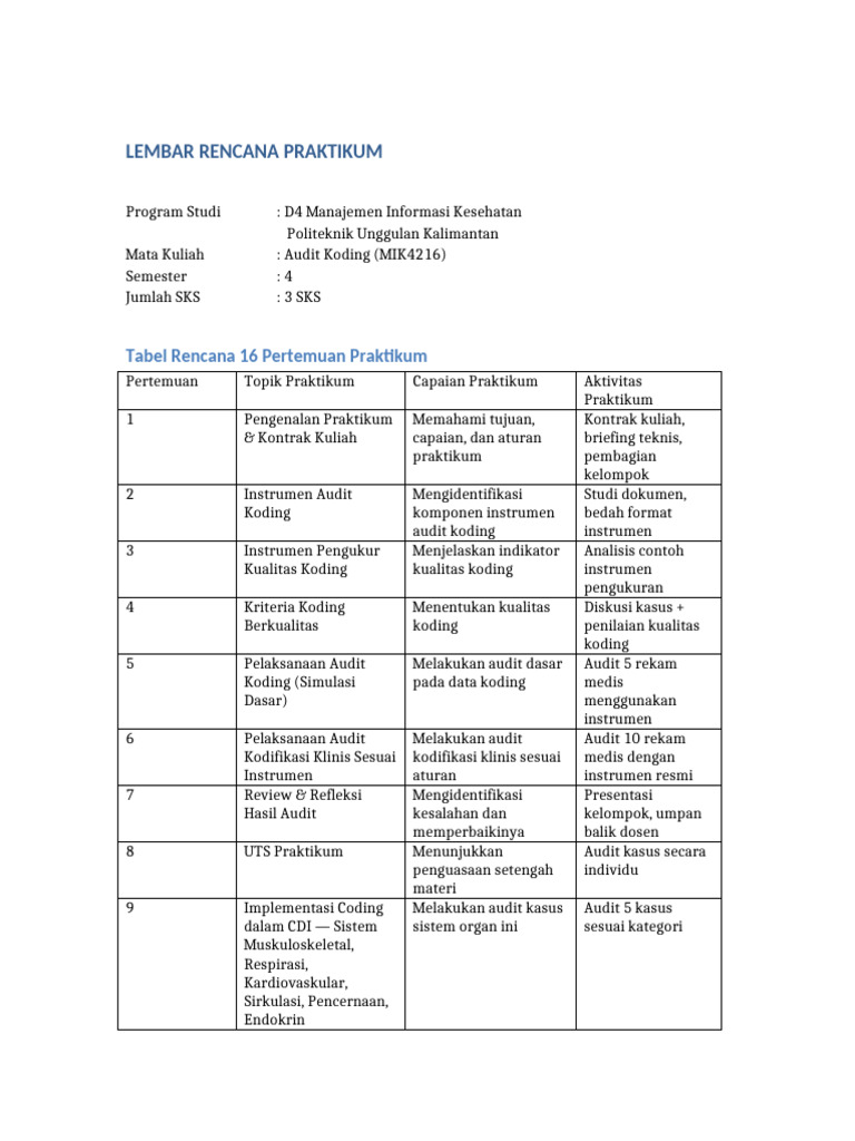 Rencana Pertemuan Praktikum Audit Koding | PDF