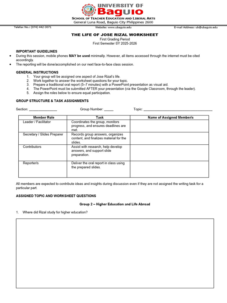 Jose Rizal Life Worksheet Guidelines | PDF | Human Communication | Learning