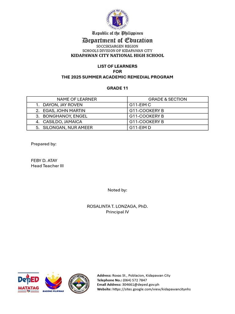 2025 Summer Remedial Program List | PDF
