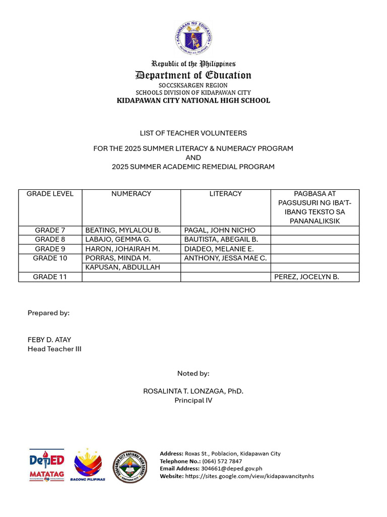 Teacher Volunteers for 2025 Programs | PDF