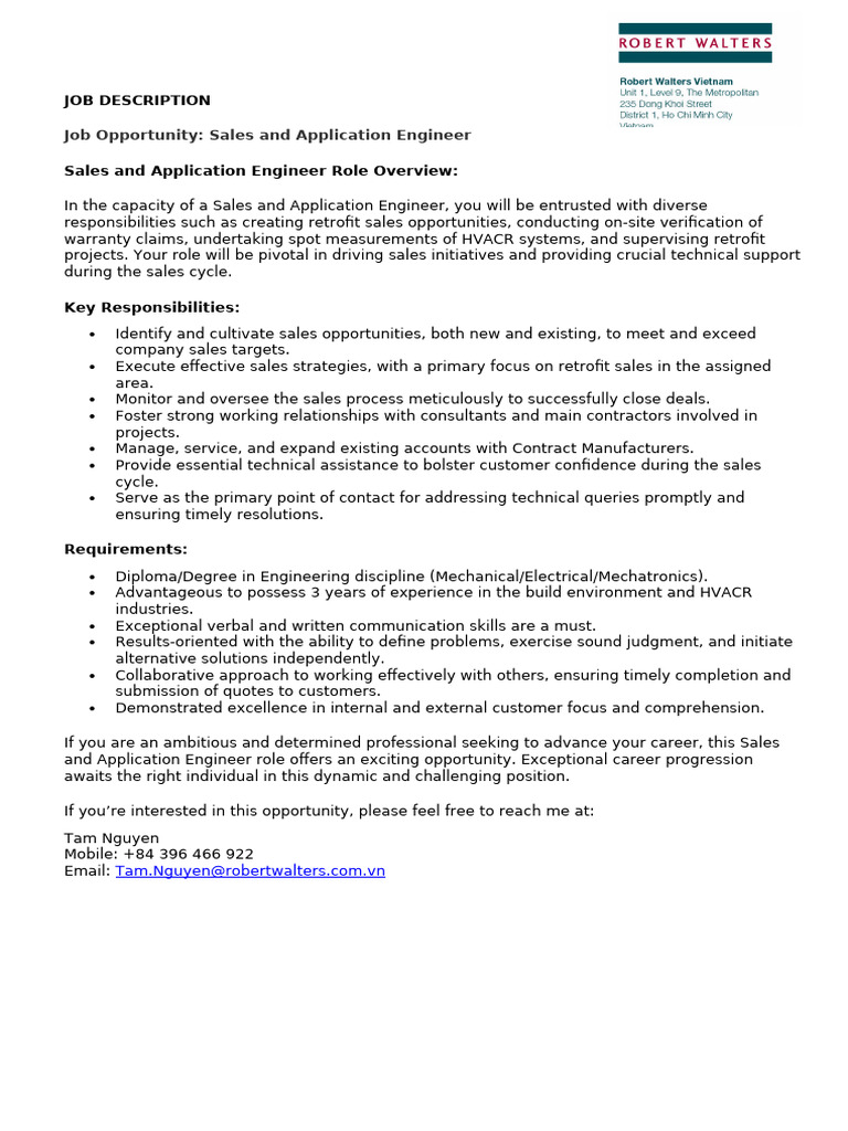Sales and Application Engineer Job Opening | PDF