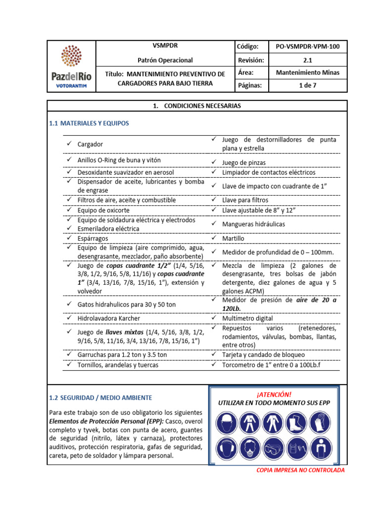 Po-Vsmpdr-Vpm-100 Mantenimiento Preventivo A Cargadores v2.1 | PDF | Ingeniería mecánica