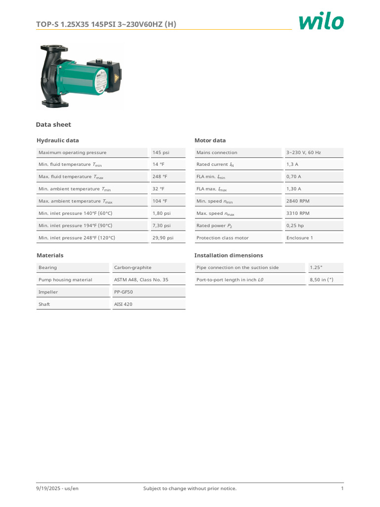 Wilo Datasheet - Us - en - 2067546 - Top S 1 25x35 145psi 3 230v60hz H ...