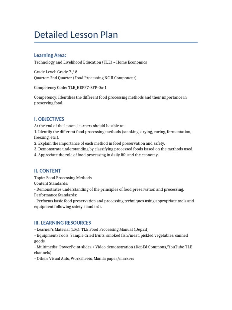 Detailed Lesson Plan Food Processing MATATAG | PDF | Food Preservation ...