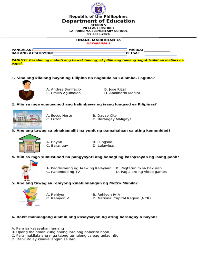 Makabansa 3 (MATATAG) - 1st Periodical Test 2025-2026 | PDF