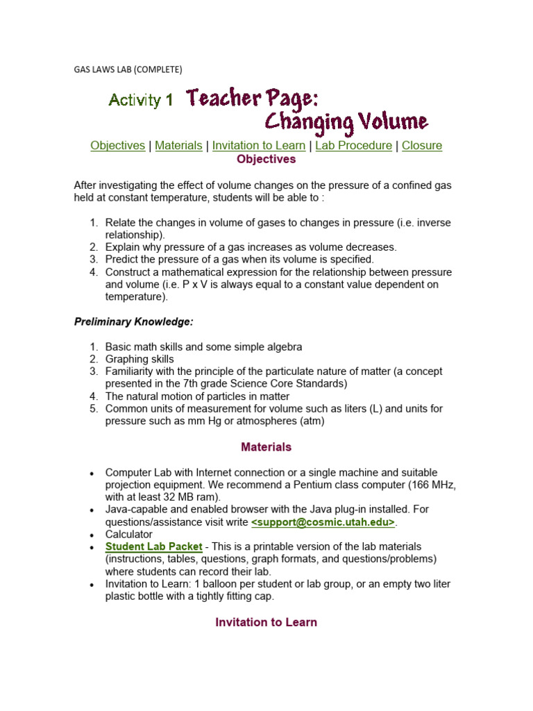 Gas Laws Lab: Pressure-Volume Relationship | PDF | Gases | Temperature