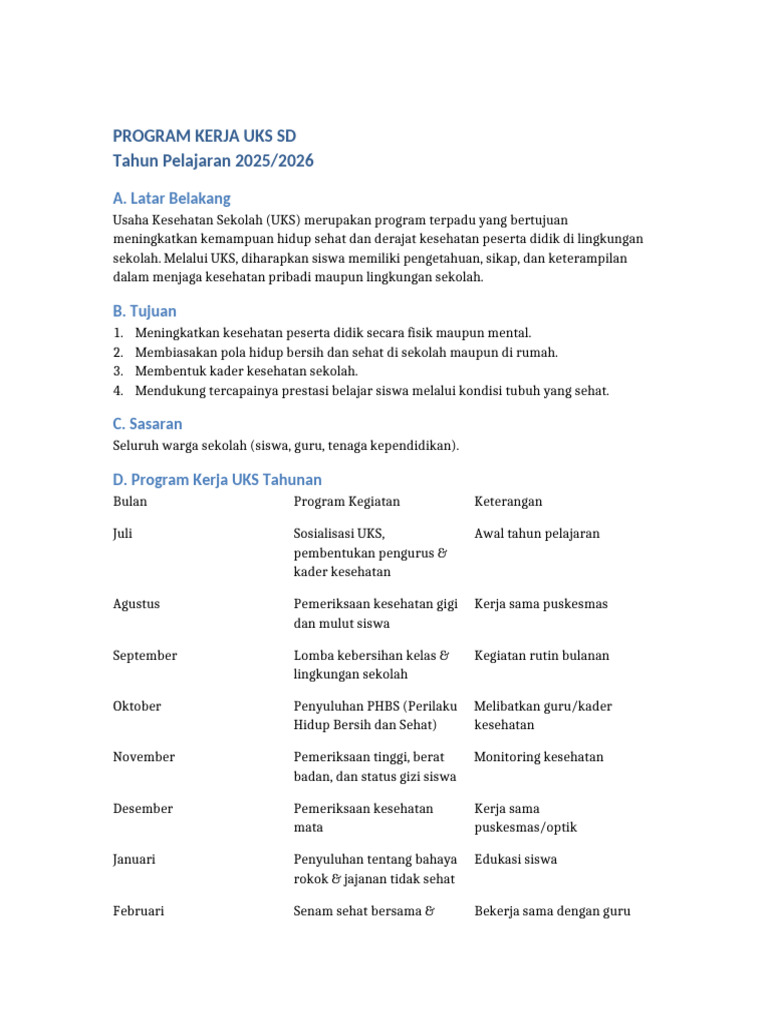 Program Kerja UKS SD | PDF