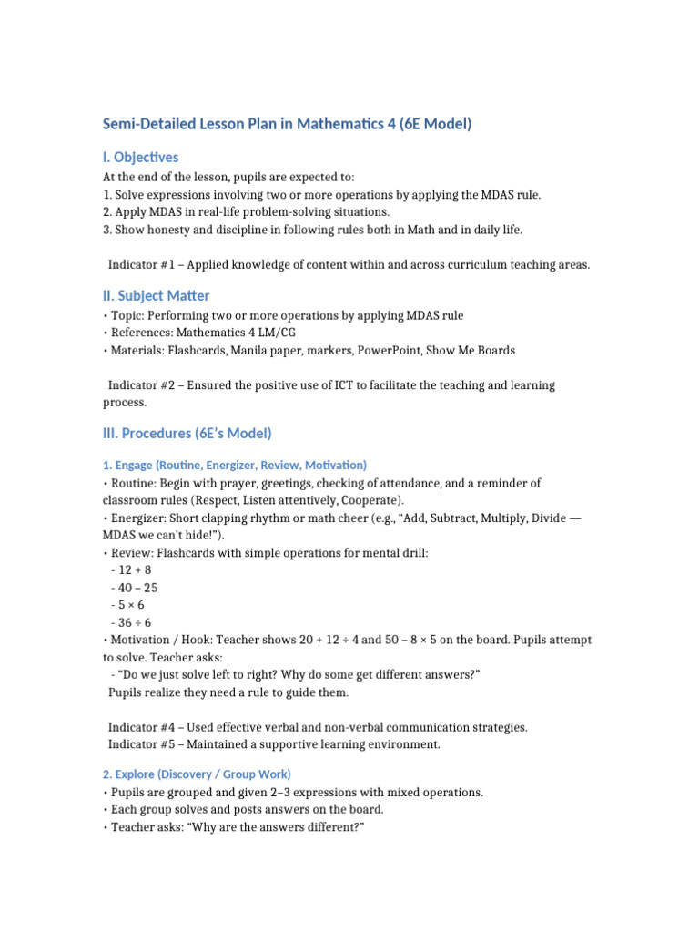 6E LessonPlan MDAS With Annotations | PDF | Teachers | Learning