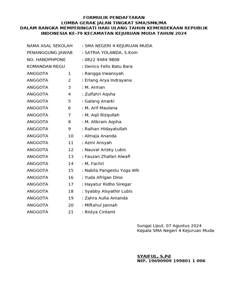 Formulir Pendaftaran Lomba Gerak Jalan 2024 | PDF