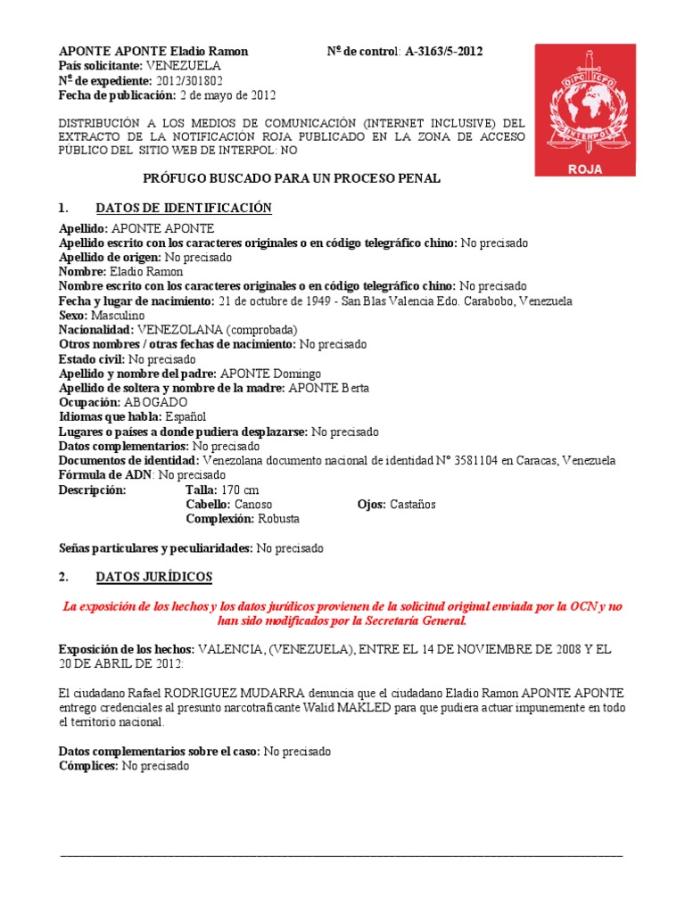 Solicitud Roja Interpol, Eladio Aponte Aponte | PDF | Detención ...