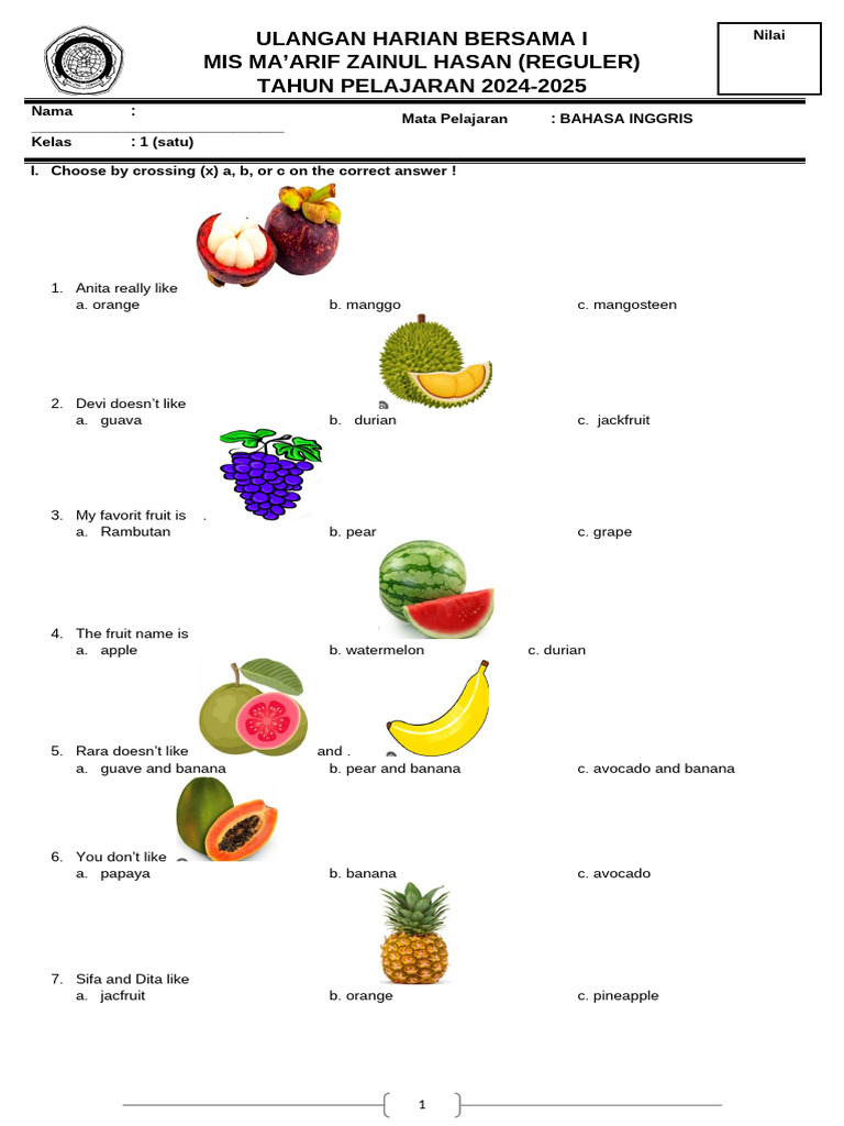 6 Soal Kelas 2 Bahasa Inggris UHB 1 | PDF | Fruit | Edible Fruits