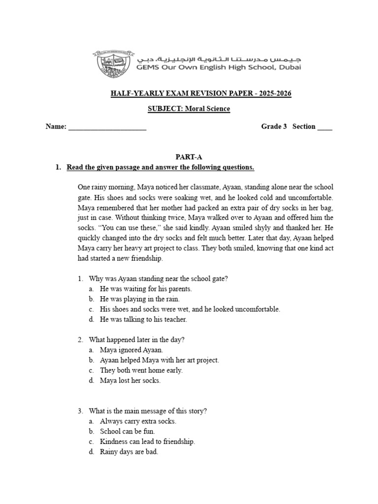 Moral Science Half Yearly Revision Worksheet | PDF