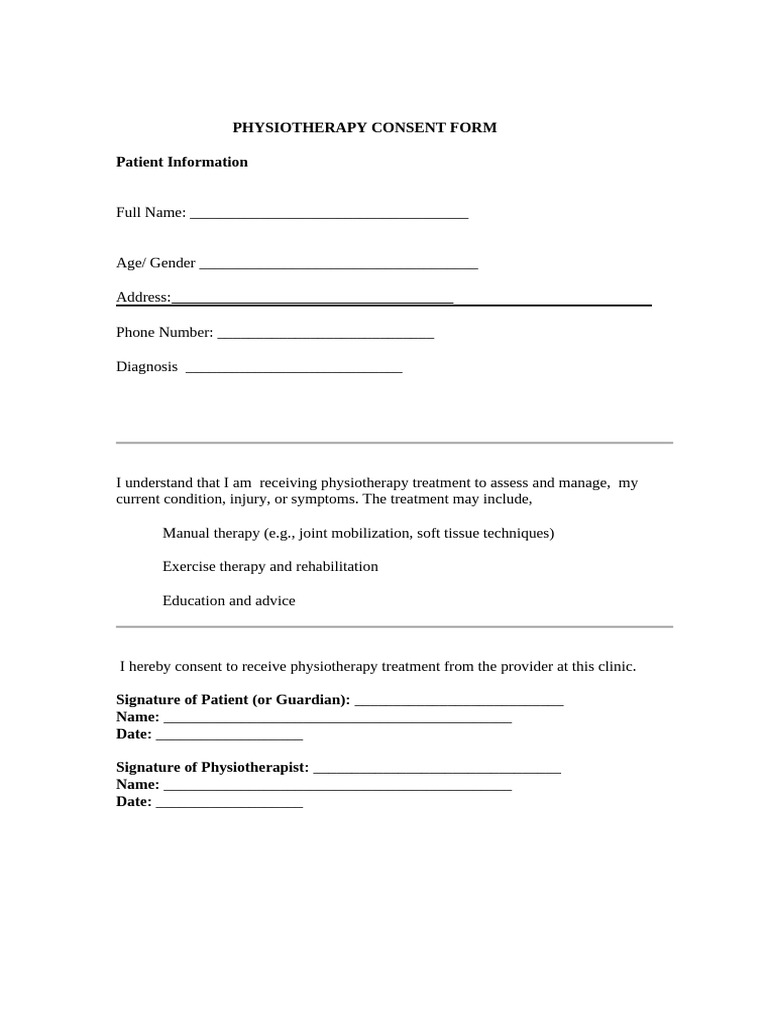 Physiotherapy Consent Form Template | PDF | Physical Therapy | Manual ...