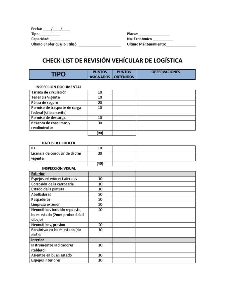 CHECK LIST DE REVISIÓN VEHICULAR DE LOGÍSTICA