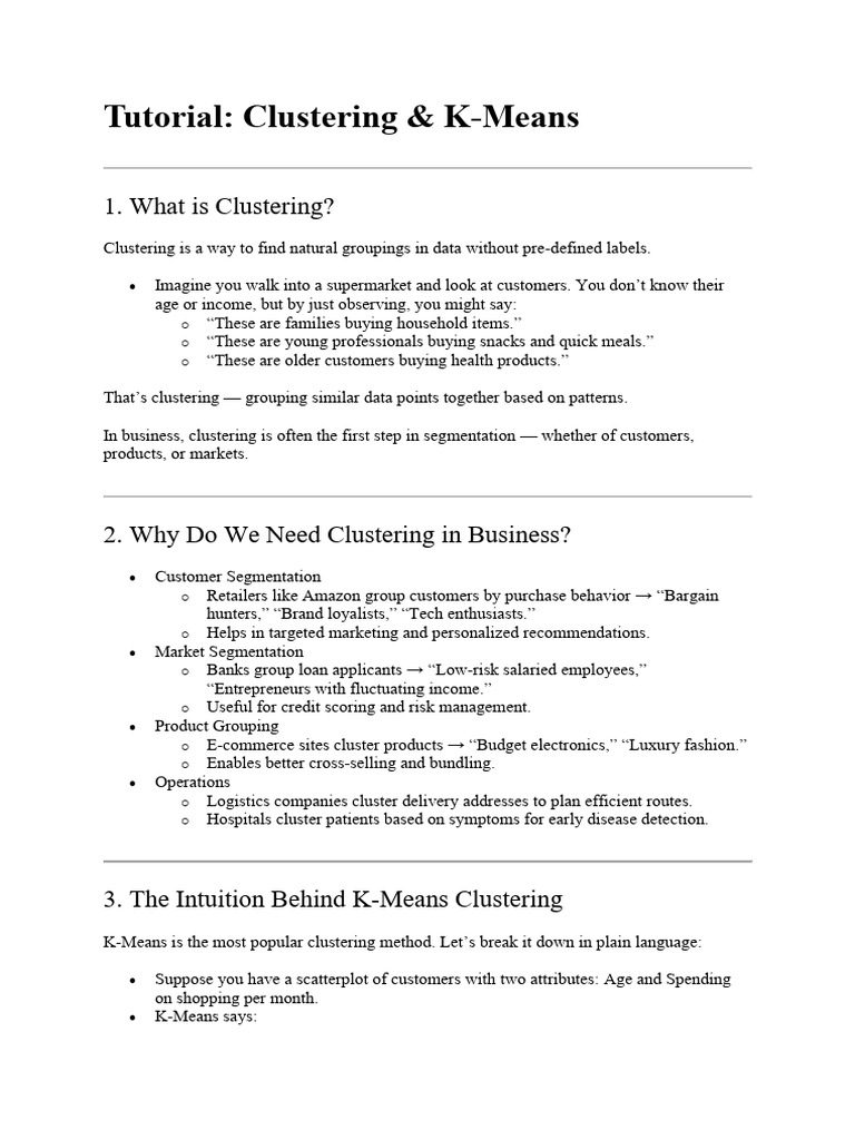 Clustering & K-Means Class Notes | PDF | Cluster Analysis | Principal ...