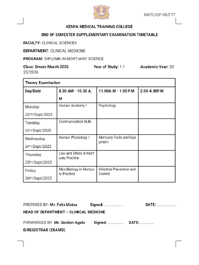 Supplementary Timetables For Mortuary Science - Phoenix | PDF