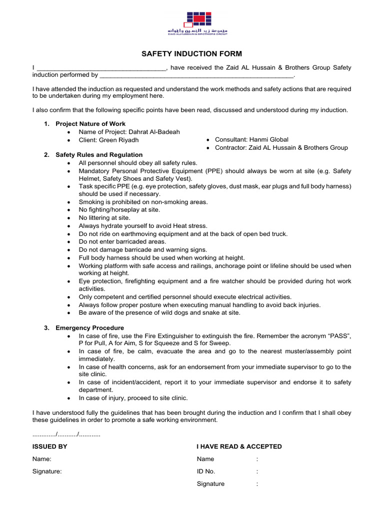 Safety Induction Form 02 | PDF | Personal Protective Equipment | Safety
